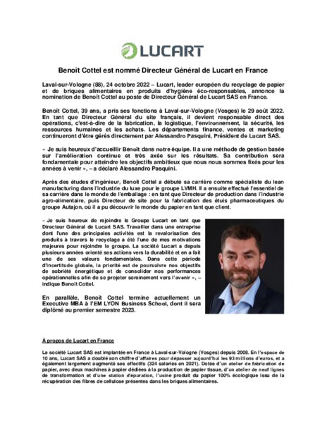 Benoît Cottel devient Directeur Général de Lucart en France | RESTO-Today Benoît Cottel devient Directeur Général de Lucart en France | RESTO-Today