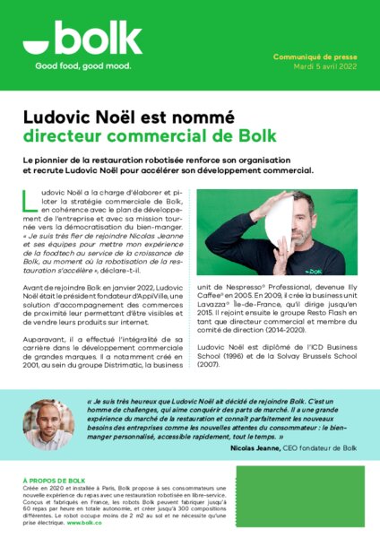 Ludovic Noël est nommé directeur commercial de Bolk | RESTO-Today