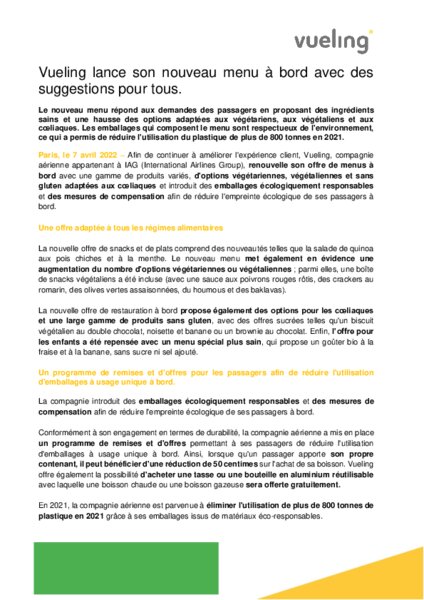 Vueling lance son nouveau menu à bord | RESTO-Today